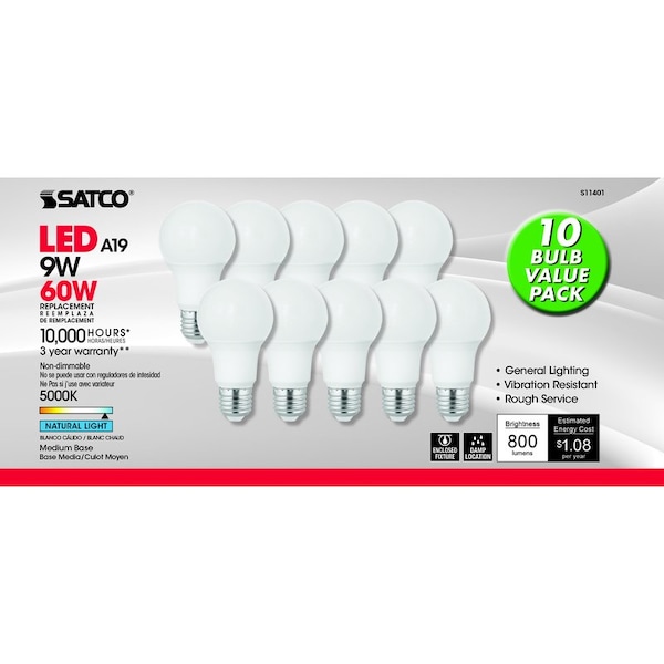 Satco Satco A19 E26 (Medium) LED Bulb Natural Light 60 Watt Equivalence 10 pk S11401 | Zoro